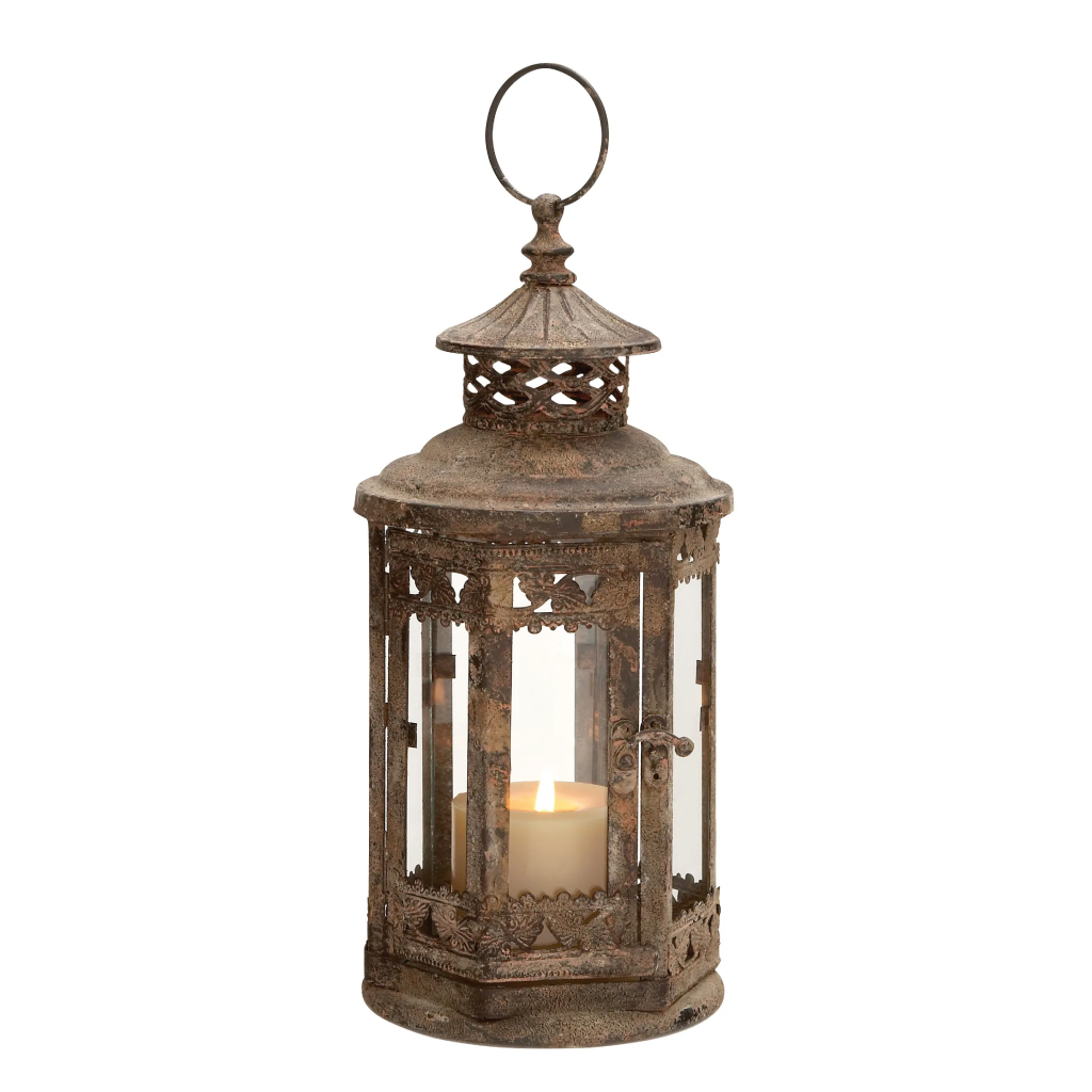 Elegant Scroll Work Metal Glass Candle Lantern Globedecor
